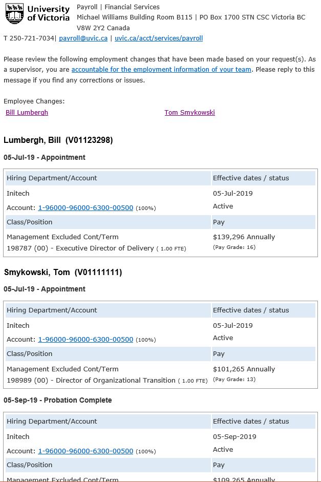 Appointment notification examples - University of Victoria