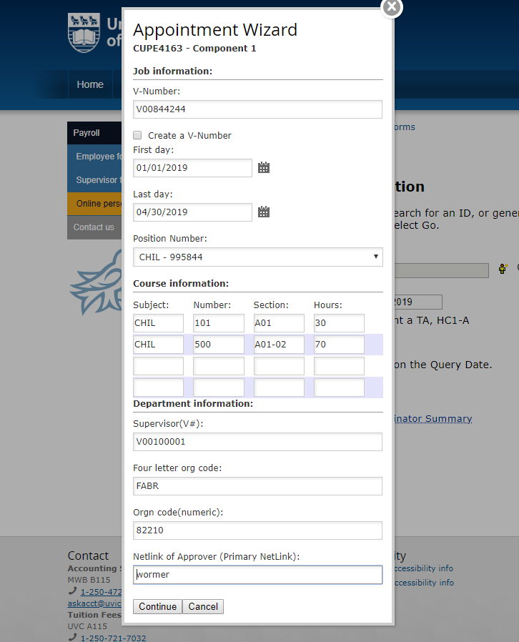CUPE 4163 Comp1 online appointment form - University of Victoria